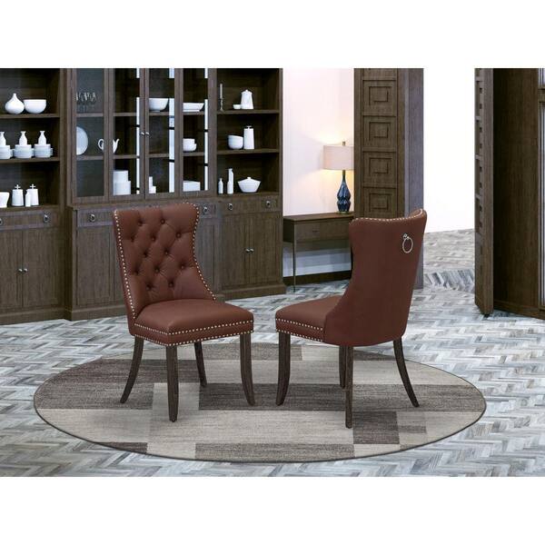 Distressed Jacobean Parsons Dining Chairs Burgundy Faux Leather Upholstered Chairs Set of 2