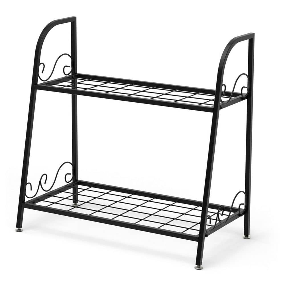 Gymax 2-tier Steel Plant Stand Shelf Flower Pot Holder Display Rack ...