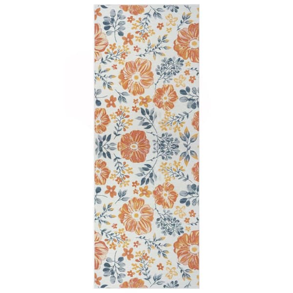 HomeRoots Ivory, Orange, Blue 2 ft. x 8 ft. Loomed Floral Polypropylene ...