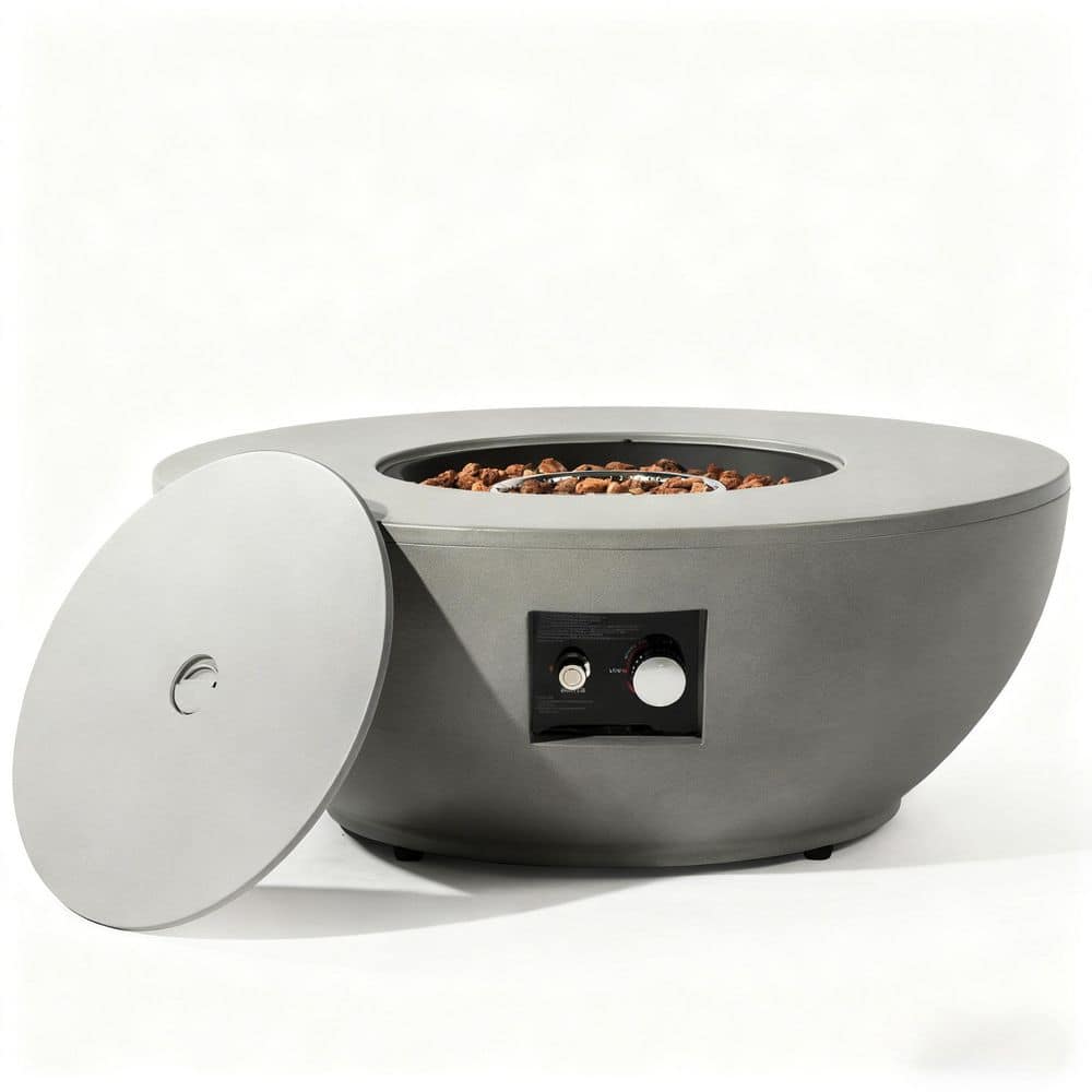 Zeus & Ruta Patio Grey Round Steel Outdoor Fire Pit Table 15 in. Height ...