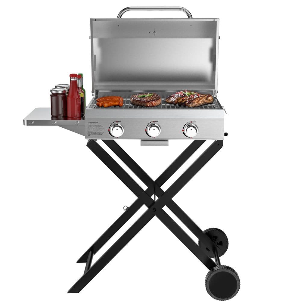 Hitechluxe 3-Burner Portable Propane Gas Grill with Folding Cart for ...