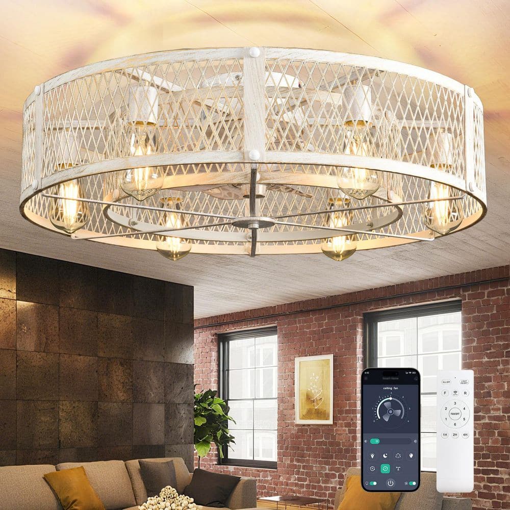 Reviews for Dovanpaul 26 in. White Flush Mount Caged Modern Ceiling Fan ...