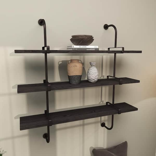 Litton Lane 38 in. x 39 in. Gray 3 Shelf Wood Wall Shelf 43784 The Home Depot