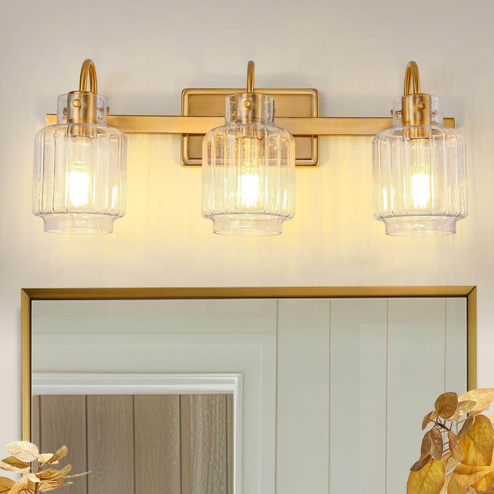 Briignite 23 in. Gold 3-Light Bathroom Vanity Light with Ribbed Bottle ...