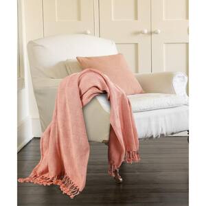 Woven 50 in. x 60 in. Peach Solid Checkered Cotton Fringe Throw Blanket ...