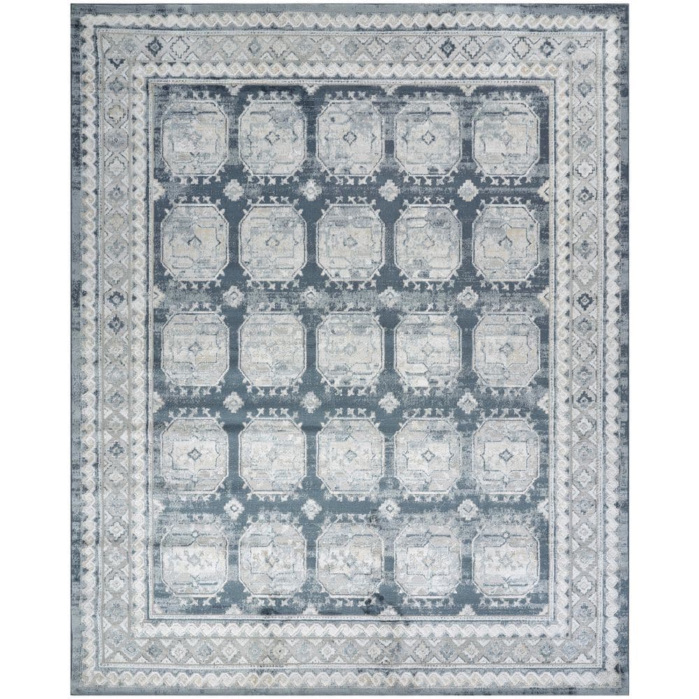 Nourison Dekor Grey Navy 8 ft. x 10 ft. Geometric Traditional Area Rug ...