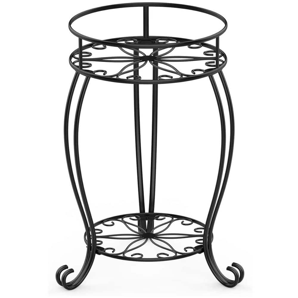 Heavy Duty Black 2-Tier Round Metal Plant Stand - Indoor Outdoor Corner ...