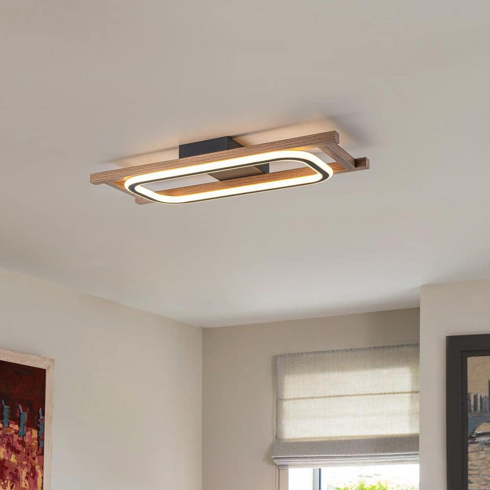 ZYZWMB 23.6 in. Matte Black Rectangle Wood Integrated LED Flush Mount ...