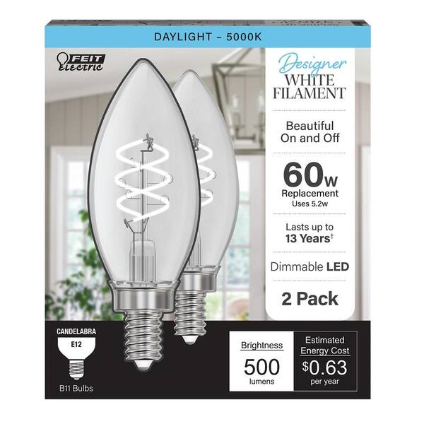 Feit Electric 60-Watt Equivalent B10 Double Spiral White Thin Filament Clear E12 Candelabra LED ...