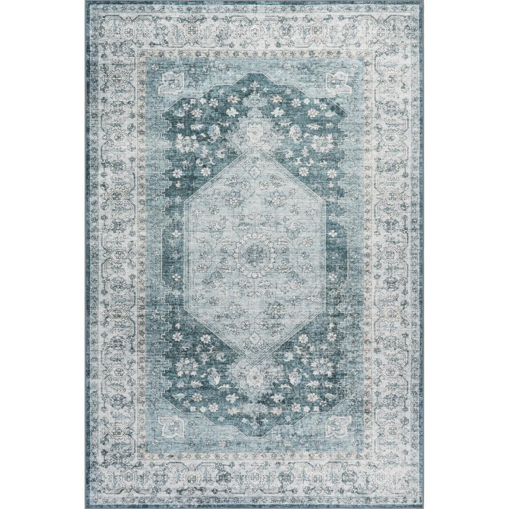 nuLOOM Prairie Green 4 ft. x 6 ft. Medallion Spill Proof Machine ...