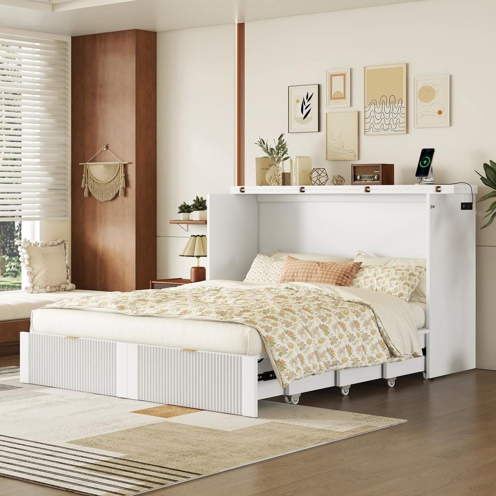 Nestfair White Wood Frame Queen Murphy Bed with Sockets and USB Ports ...