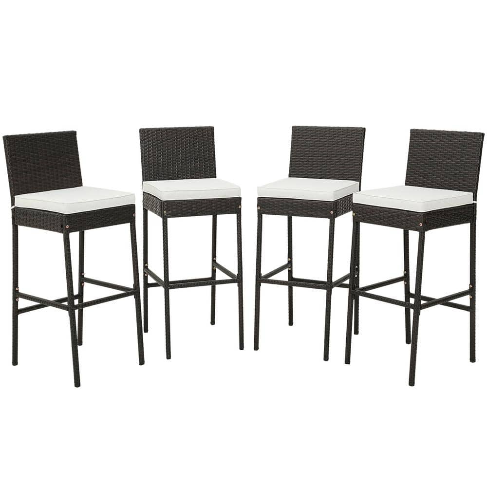 4 Pieces Patio Wicker Barstools with Seat Cushion and Footrest Set of 4 Costway
