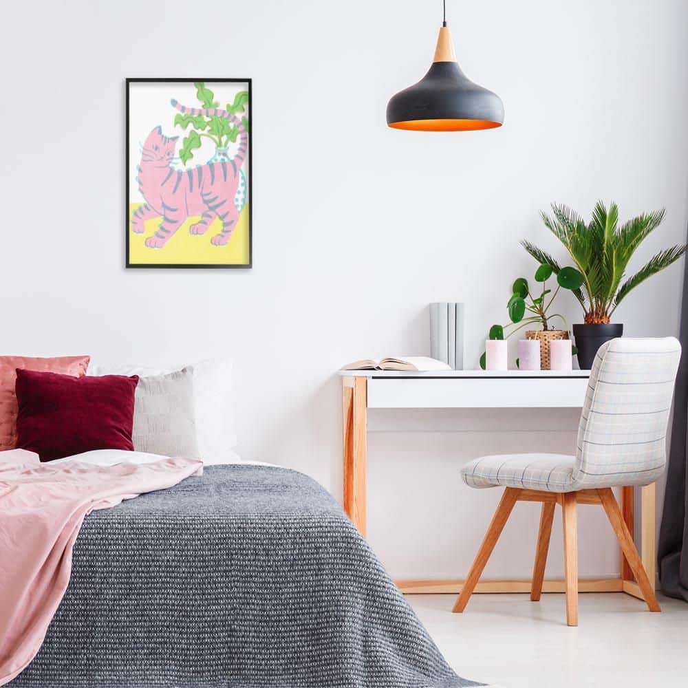 Stupell Industries Pink Cat and House Plant by Hannah Moren Black ...