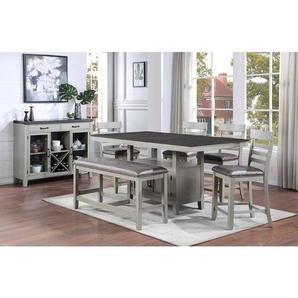 Steve Silver Hyland Gray Wood Counter Height Dinning Set with 4 Upholstered Chairs 1 Upholstered Bench and Buffet Server 7 Piece HY5007PCSV The Home Depot