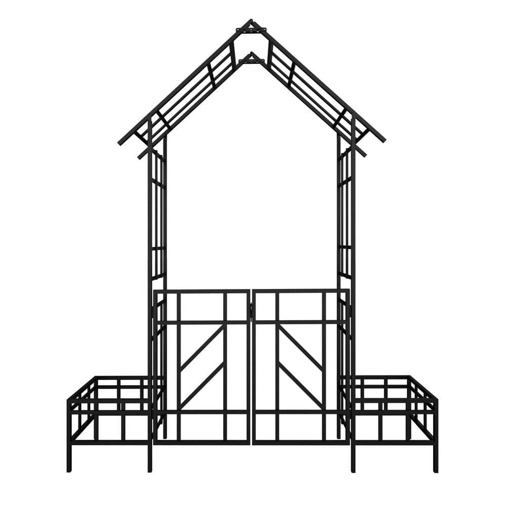 Zeus & Ruta 97.24 in. Metal Garden Arch Garden Arbor Trellis with Planter, Gate in Black F0701 ...