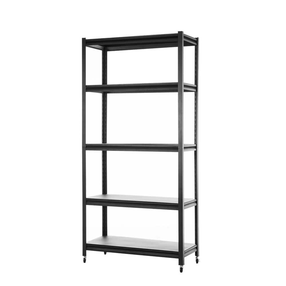 Tileon 5-Tier Black Steel Shelving Unit on Wheels, Heavy Duty Garage ...