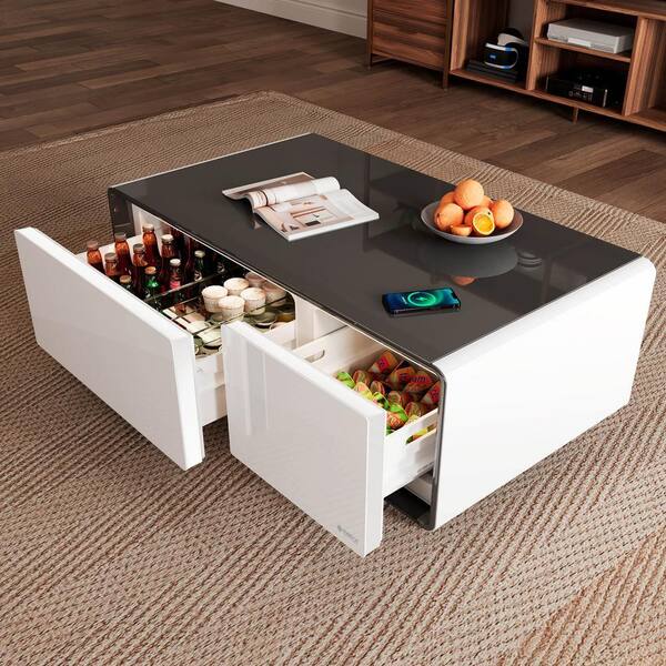 Eureka Ergonomic 41 in. White Rectangle Tempered Glass Smart Coffee Table with Fridge Wireless ...
