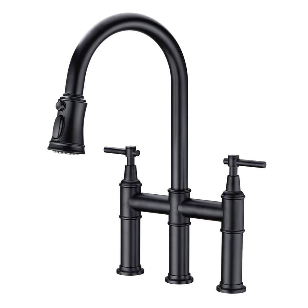 FLG Double Handle Bridge Kitchen Faucet with Pull Down Sprayer Brass 8 ...