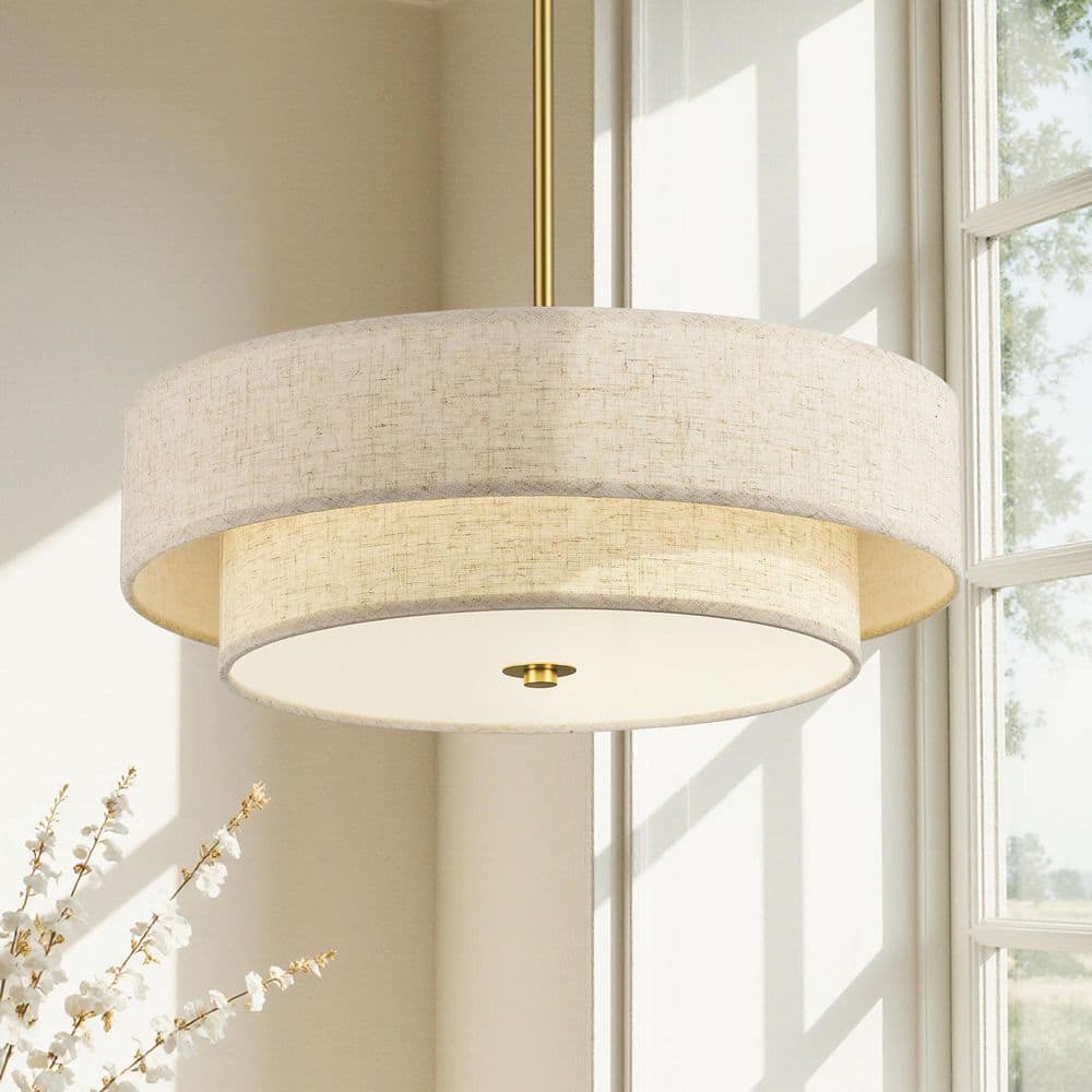 Merra 4-Light Polished Brass Beige Fabric Drum Pendant Design ...