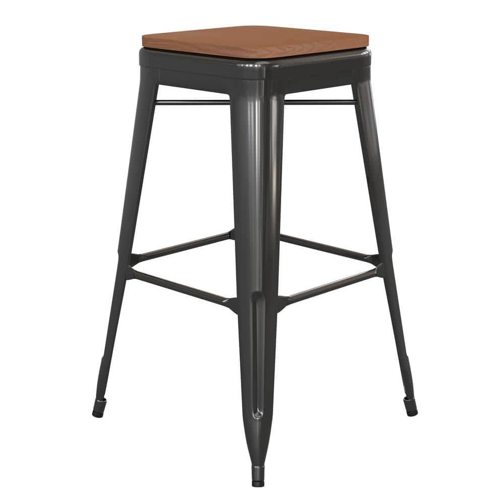 Carnegy Avenue 31 in. Black/Teak Metal Outdoor Bar Stool CGA-CH-515801 ...