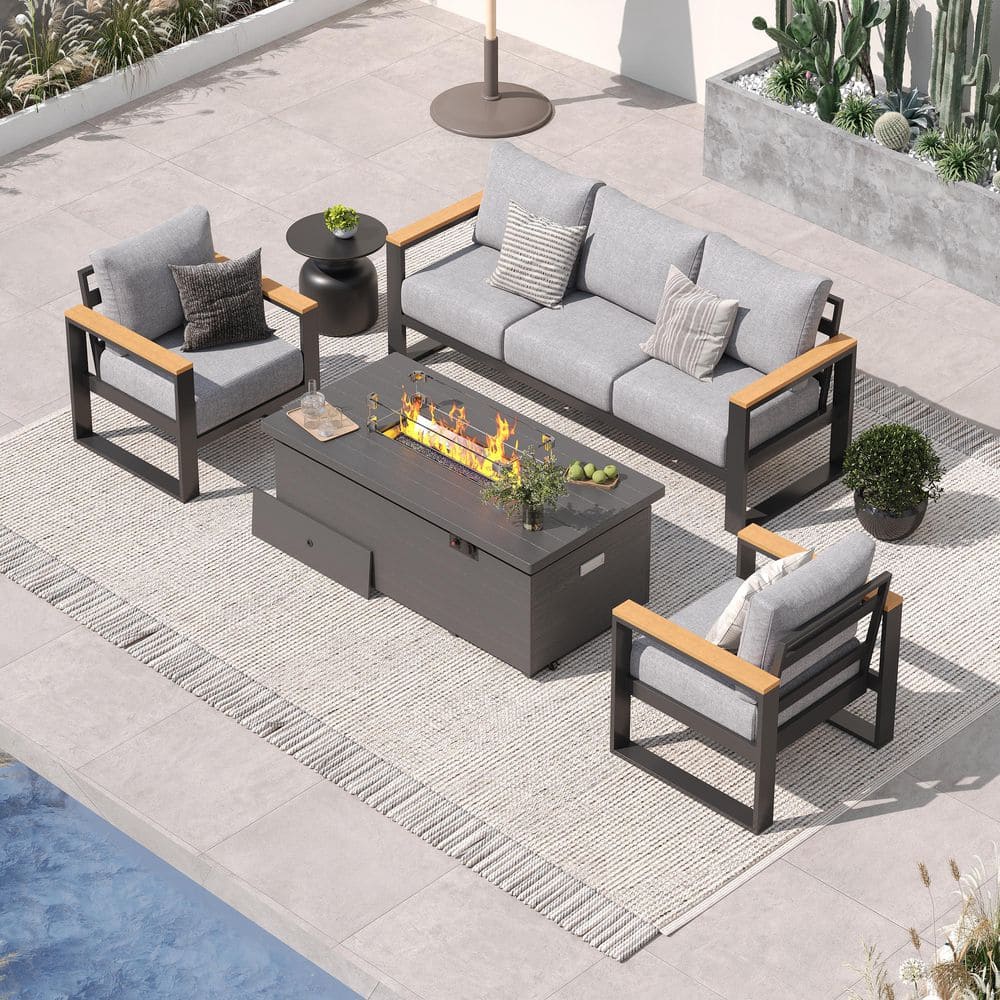 AURA OUTDOOR 4-Piece Aluminum Patio Conversation Set with 51 in. Fire ...