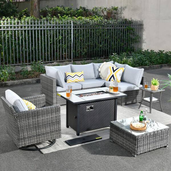 HOOOWOOO Messi Gray 8-Piece Wicker Outdoor Patio Conversation Sofa Fire ...