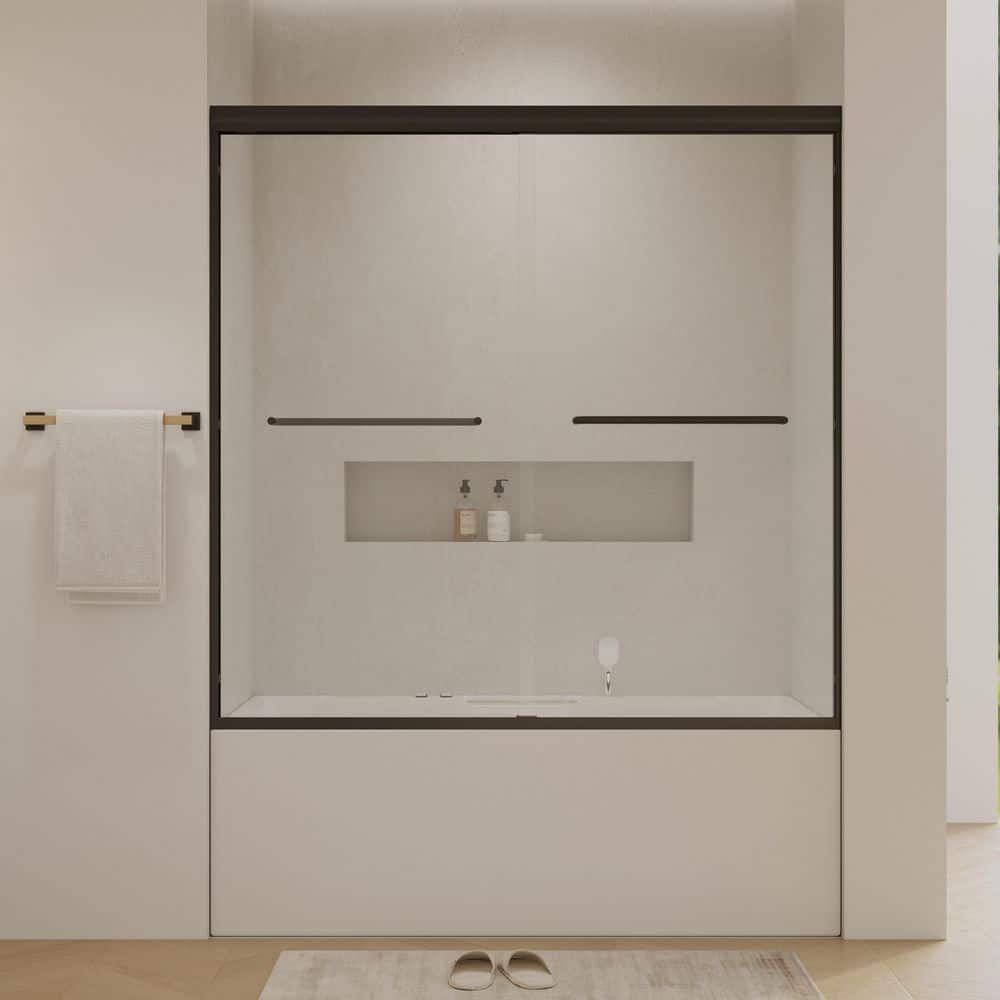 Aionor 60 in. W x 58 in. H Framed Double Sliding Tub Door Bypass Tub Shower Door in Matte Black ...