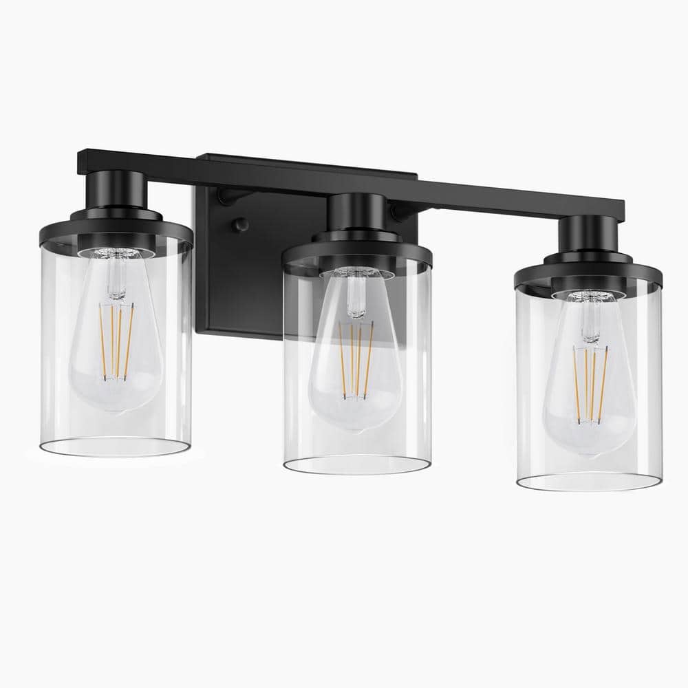 Briignite 17 in. 3-Light Modern Black Bathroom Light Fixture with Clear ...