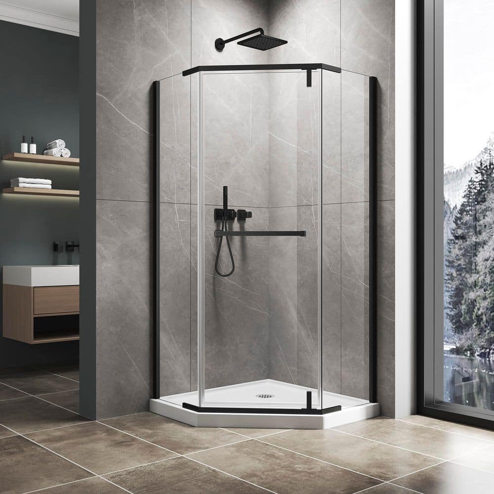 EASYWORC 36 in. W x 72 in. H Neo Angle Pivot Frameless Corner Shower Enclosure in Matte Black ...