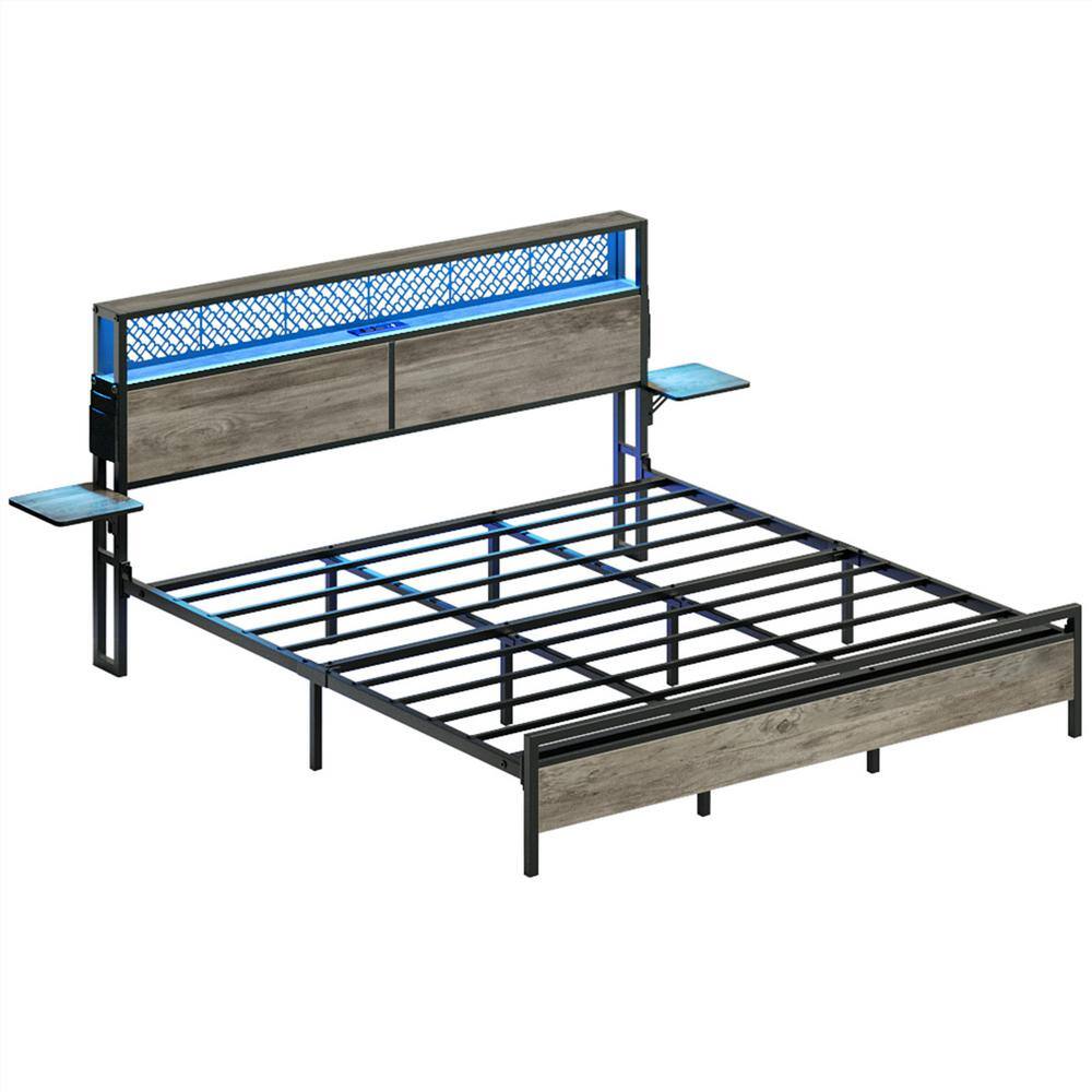 Bestier Grey Metal Frame Full Size Platform Bed with Wood Storage ...