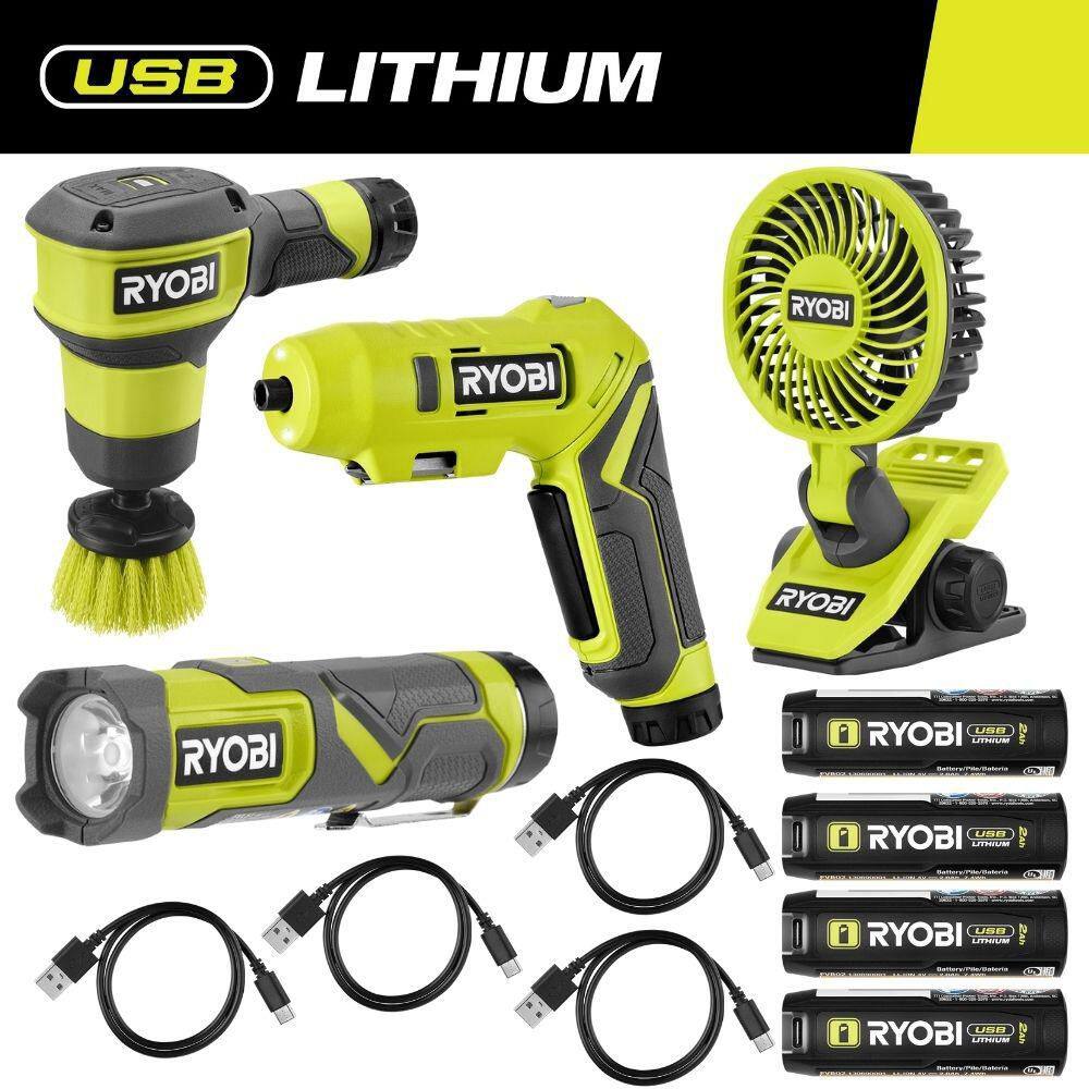 RYOBI USB Lithium Cordless 4-Tool Combo Kit with Screwdriver, Fan ...
