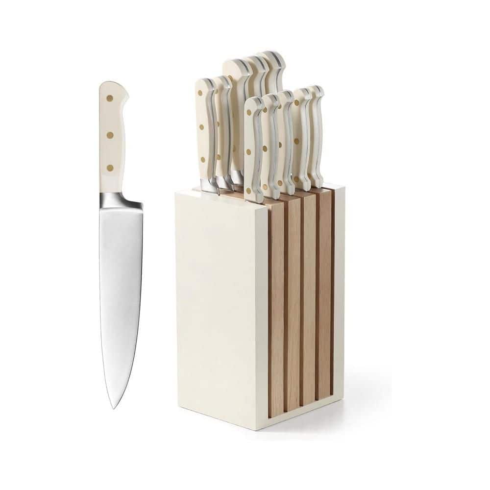 Wudkey 11-Piece Beige Knife Set with Block for Kitchen, Stainless Steel ...