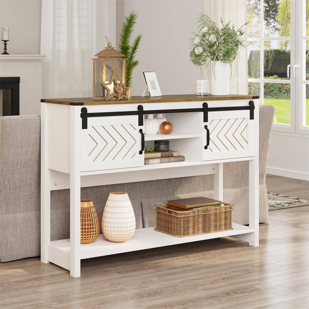 46 in. White and Rustic Oak Rectangle MDF Console Table Farmhouse ...