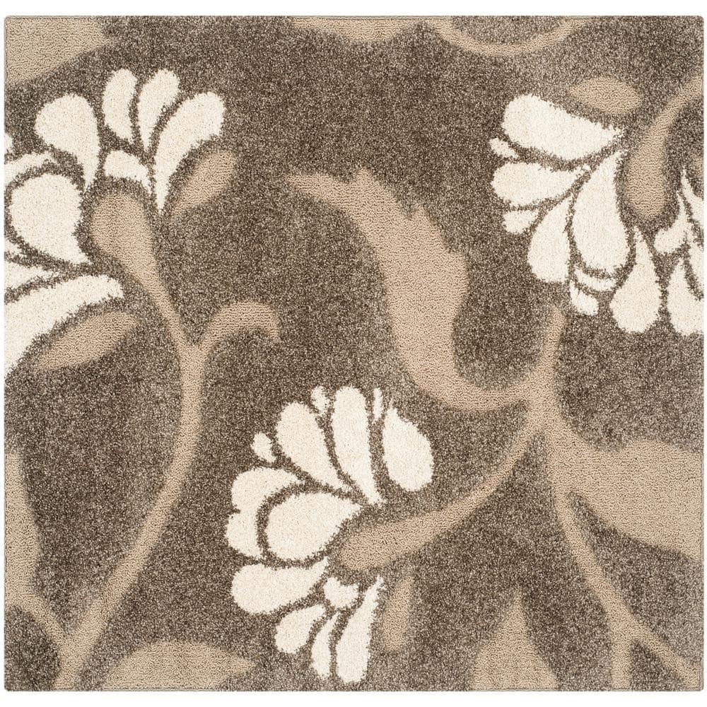 SAFAVIEH Florida Shag Smoke/Beige 5 ft. x 5 ft. Square Floral Solid ...