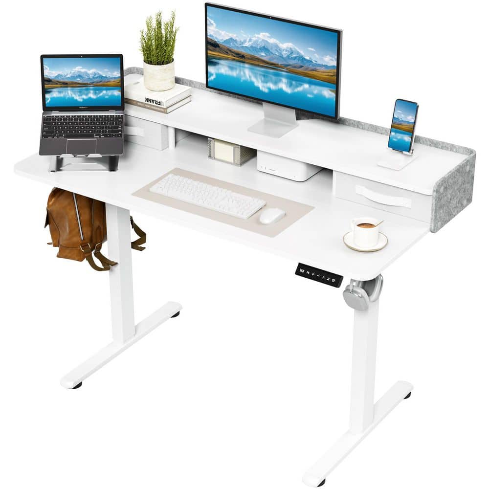 LACOO 47 in. Rectangular White Electric Standing Desk with Cell Phone ...