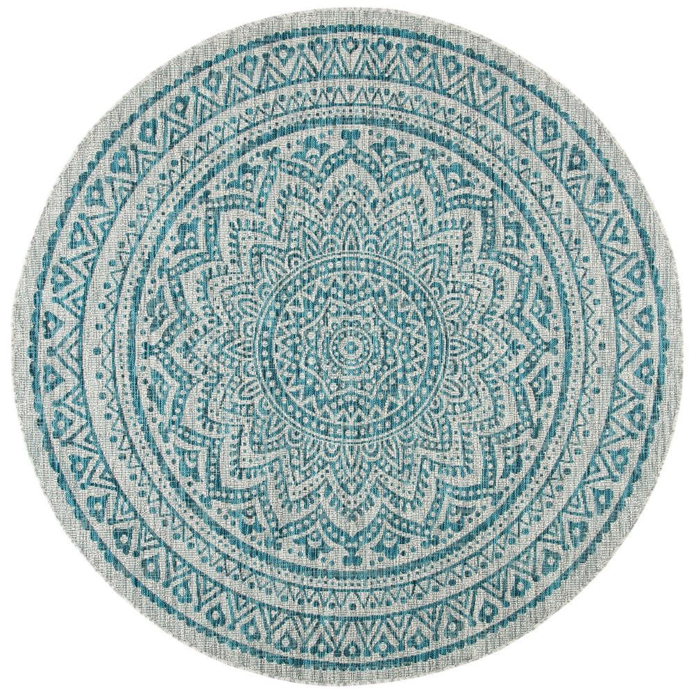 SAFAVIEH Courtyard Light Gray/Teal 7 ft. x 7 ft. Medallion Indoor ...