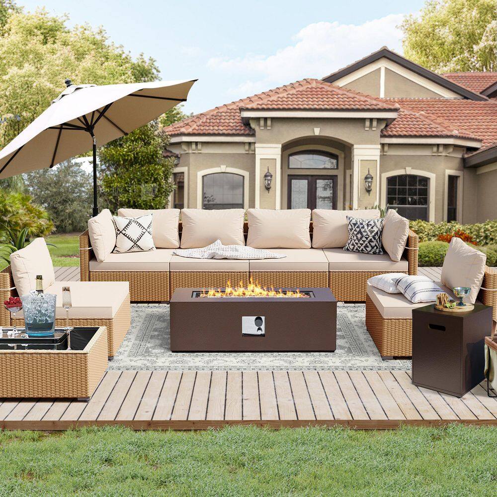 UPHA 9-Piece Outdoor Yellow Rattan Seating Set with Beige Cushions,a 42 ...