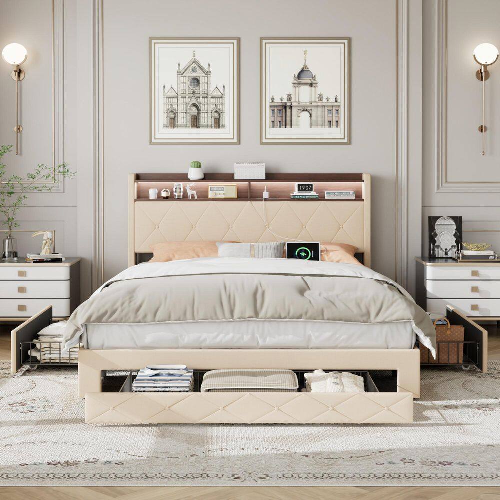 VECELO Storage Bed Beige Metal Frame Full Platform Bed with Power ...