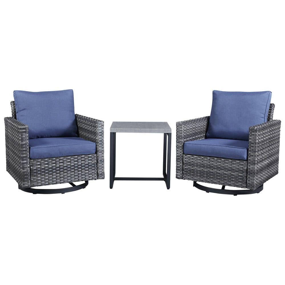 Gray 3-Piece Wicker Patio Conversation Set, Outdoor Swivel Rocking ...