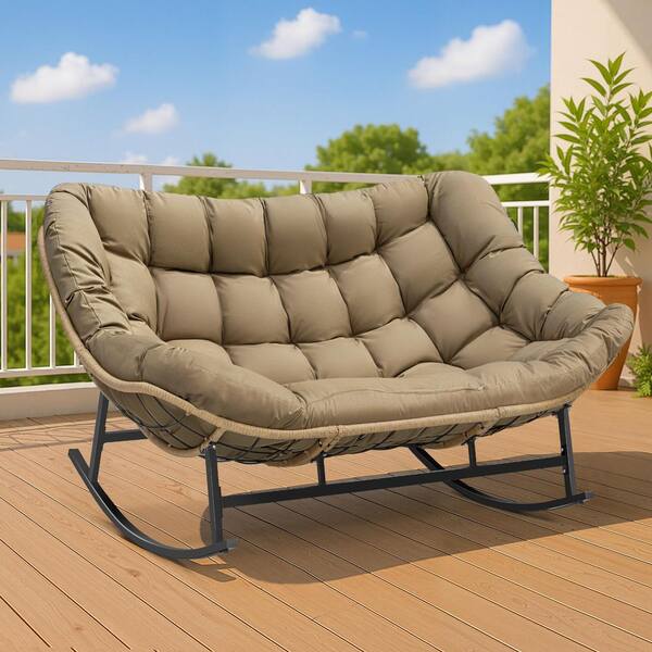 Double Wicker Outdoor Rocking Chair Loveseat, Oversized 2-Person Patio ...
