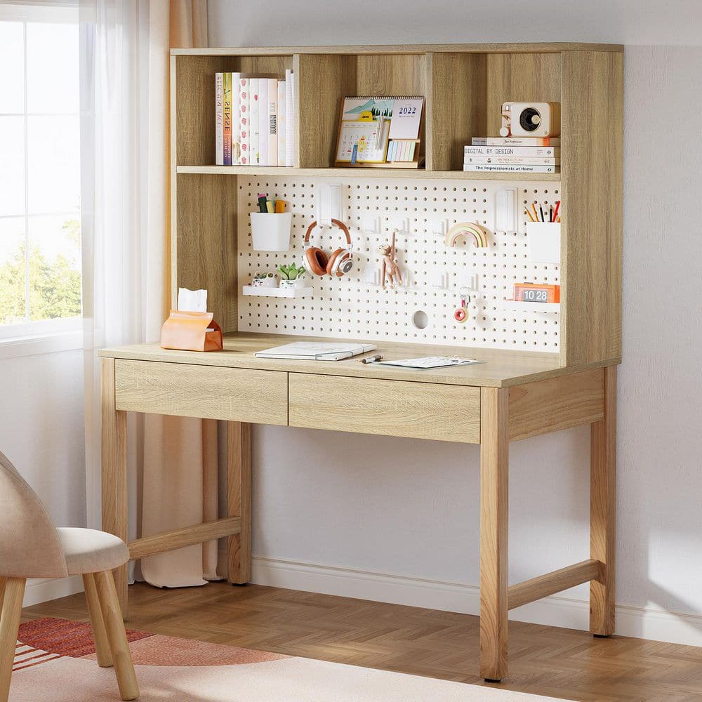 BYBLIGHT Witham Brown Kids Study Desk with Hutch, Storage Boxes ...