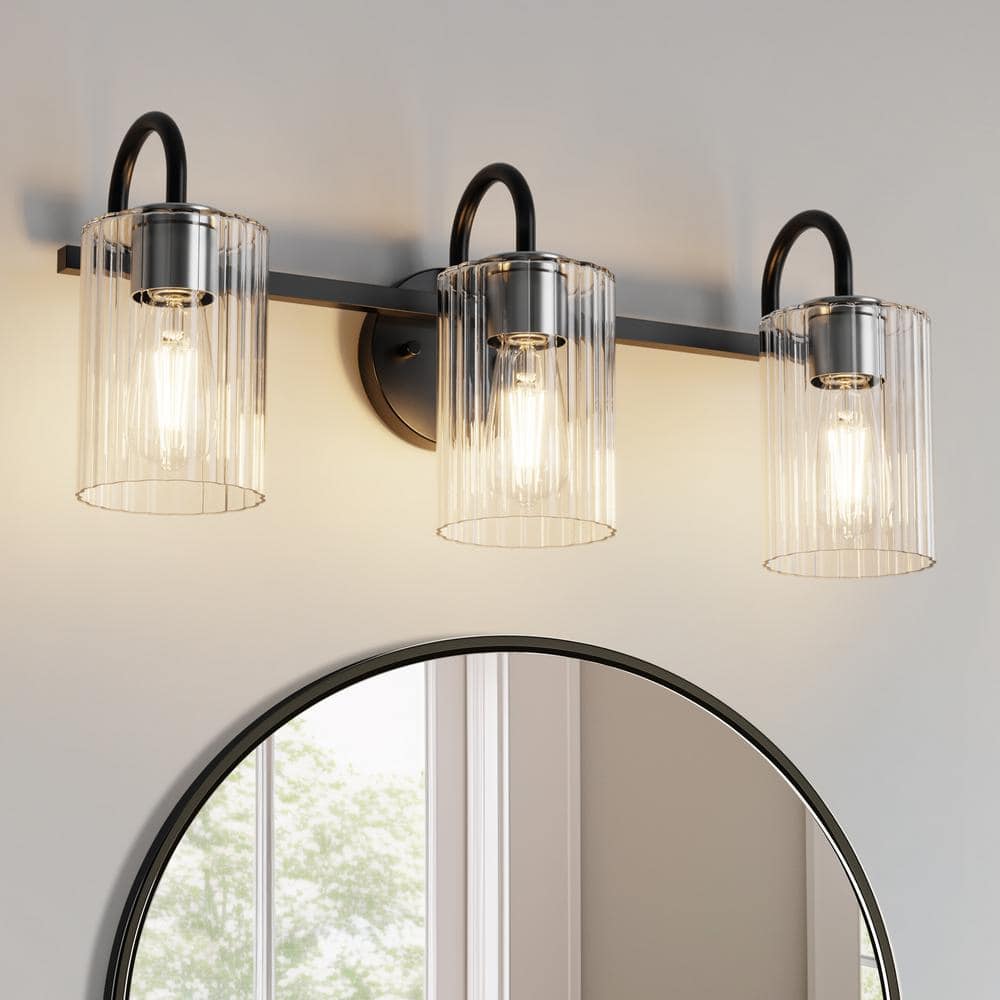 YANSUN 24 in. 3-Light Black Vanity Light with Cylinder Clear Glass ...