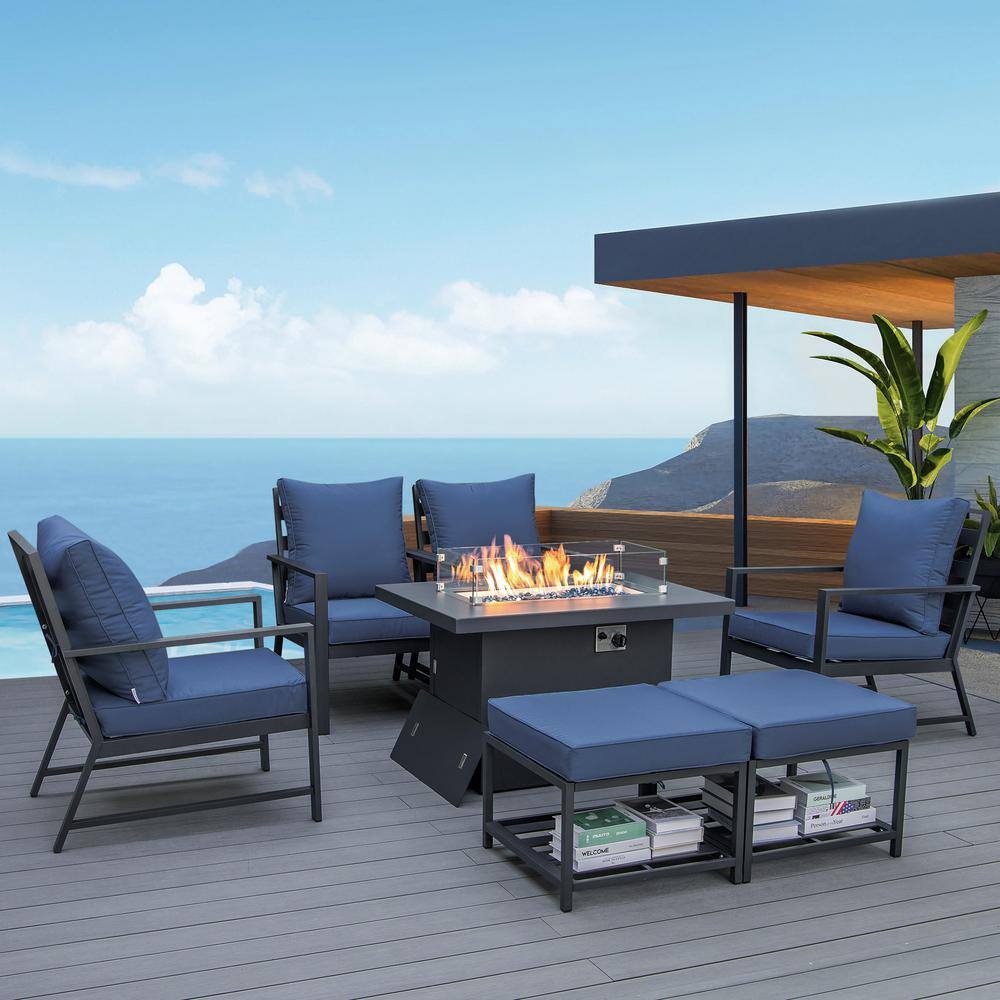 FINCATI 7 Piece Luxury Black Aluminum Patio Fire Pit Deep Seating ...