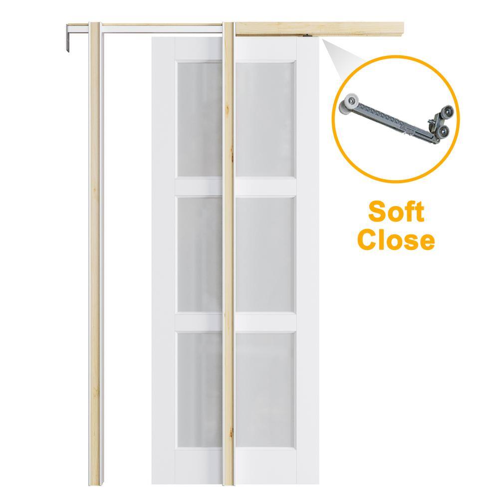 ARK DESIGN 28 in. x 96 in. 3-Lite Frosted Glass White Primed MDF Pocket ...