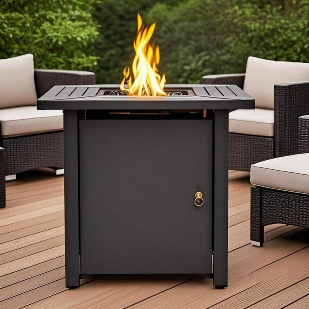DENISLAWN Black Square Steel Outdoor Fire Pit Table with Glass Beads ...