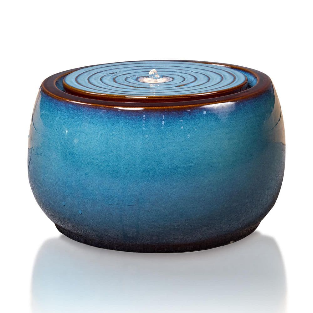 vbal 9 in. Round Blue Ceramic Water Floor Urn Fountain with LED Light ...