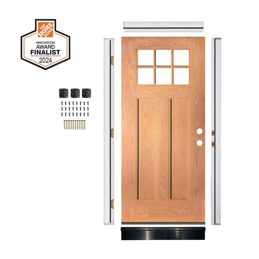 Krosswood Doors DIY 36 in. x 79 in. Craftsman 6-Lite Clear Glass Left-Hand Teak Stain Fiberglass ...