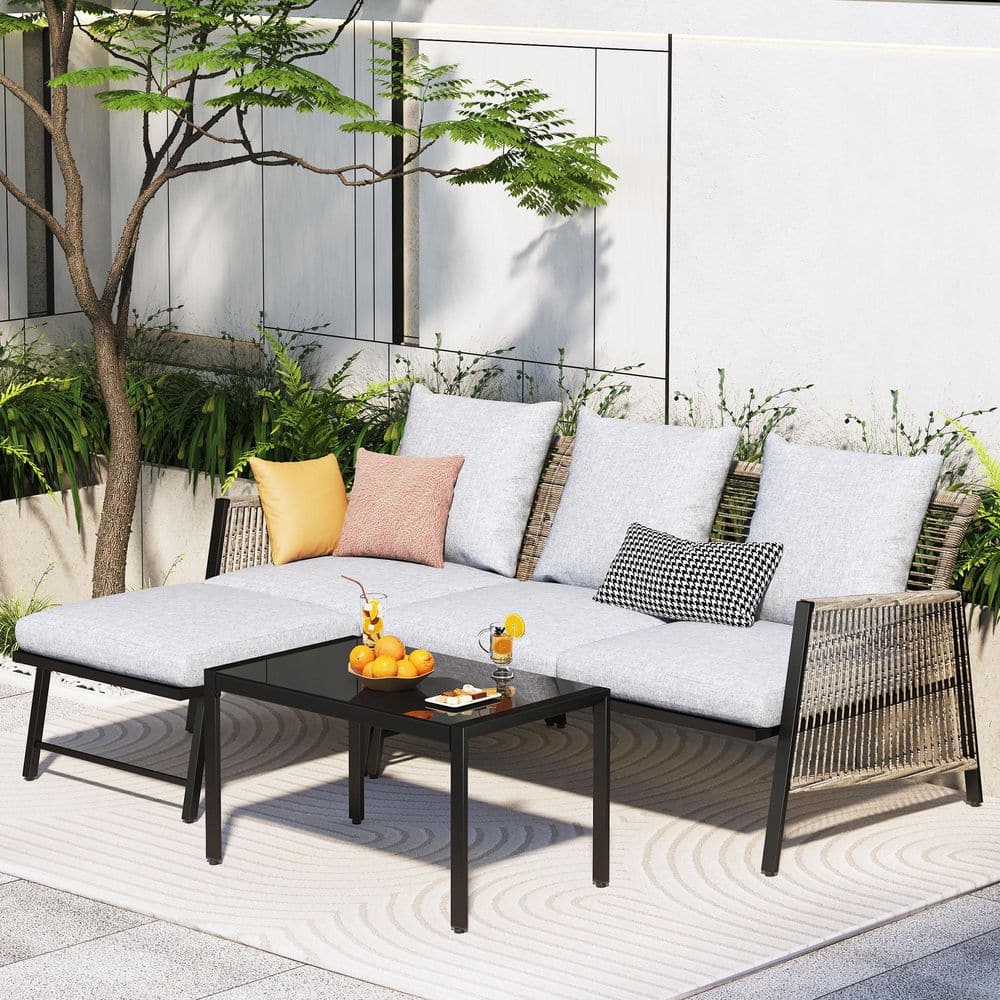 Grey 3-Piece Wicker Outdoor Sectional Set with Light Grey Cushions ...