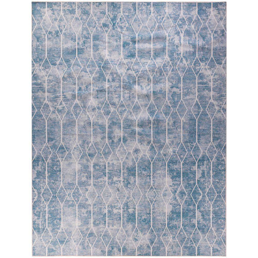 Blue Grey 9 ft. x 12 ft. Geometric Contemporary Machine Washable Series ...
