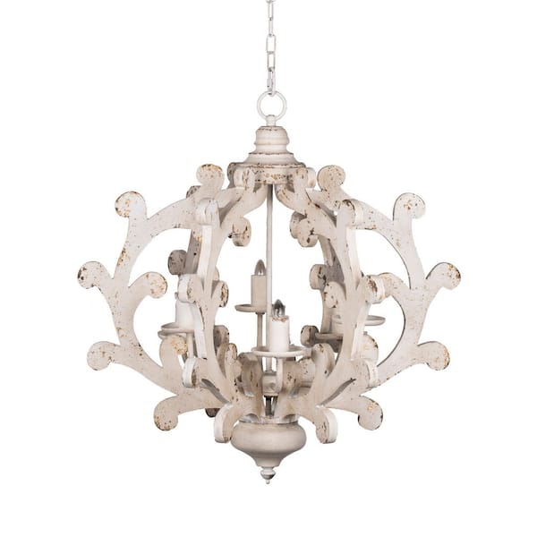 Jushua 6-Light White Wood Hanging Light Fixture Chandelier with ...